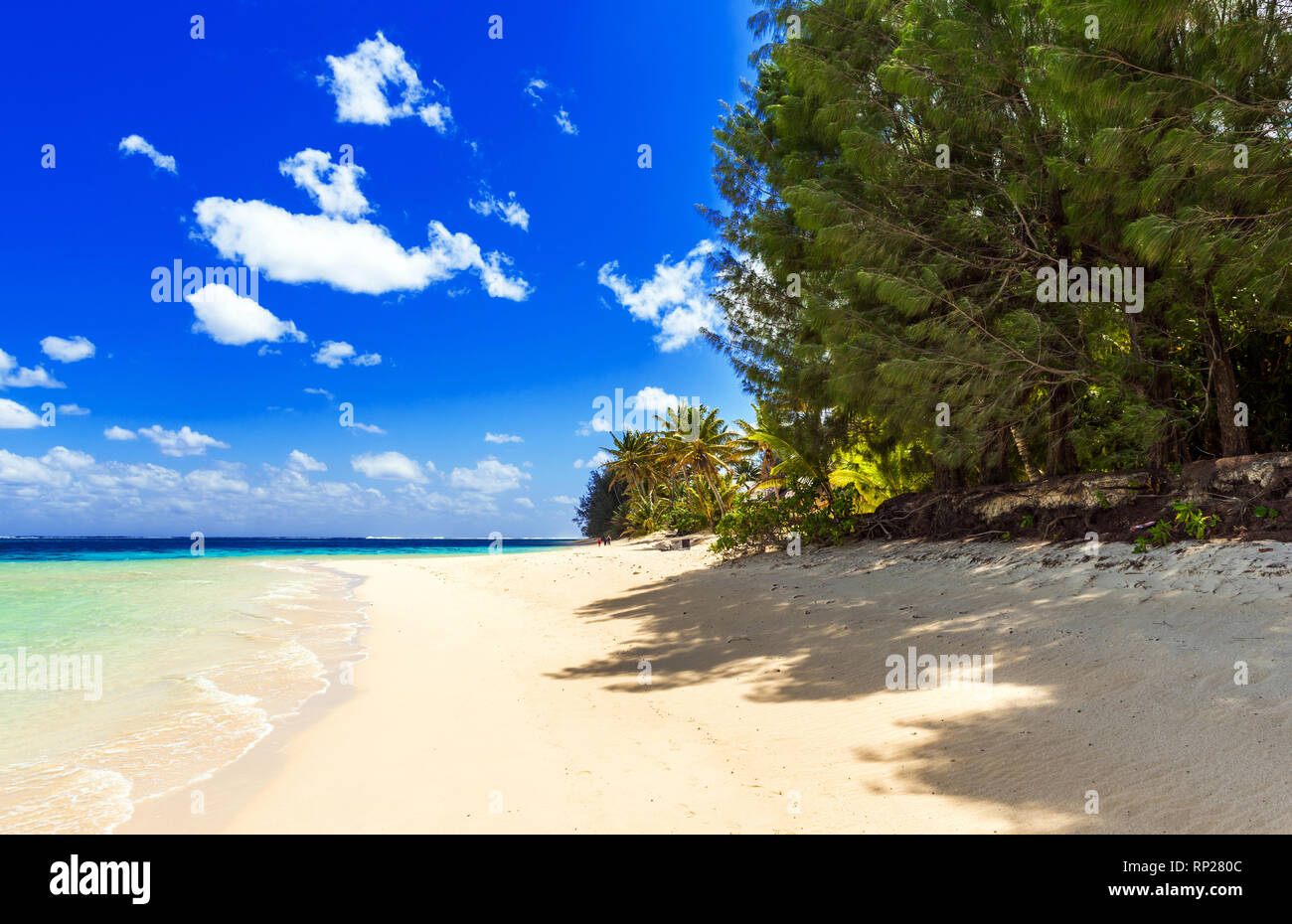 View of the sandy beach, Cook Islands, South Pacific. Copy space for ...