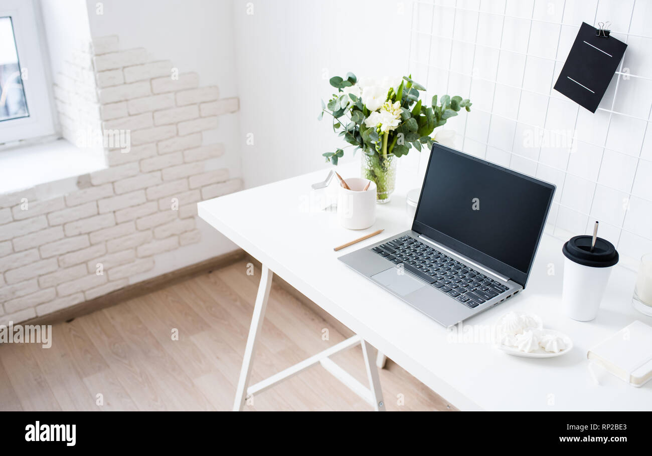 Stylish white professional office interior, minimalist loft workspace ...