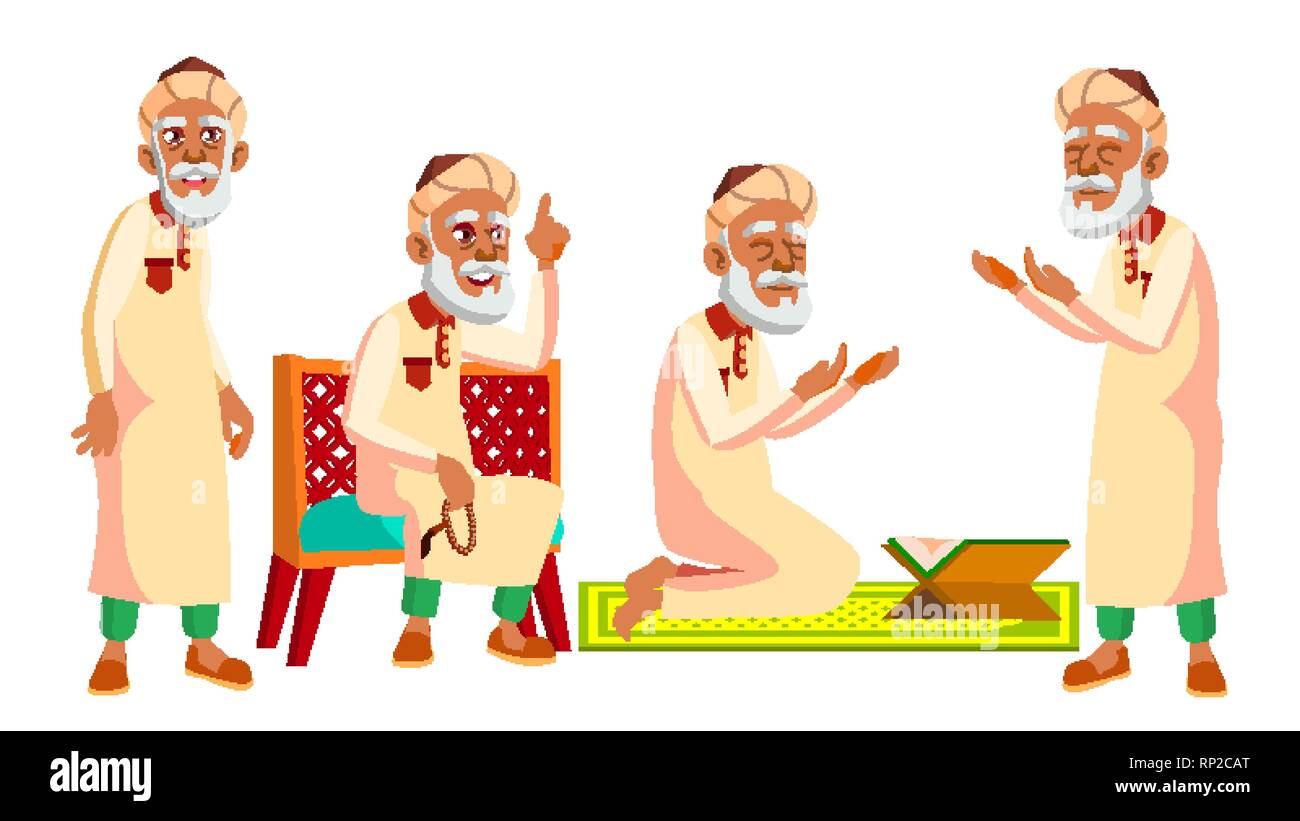 Arab, Muslim Old Man Poses Set Vector. Elderly People. Senior Person ...