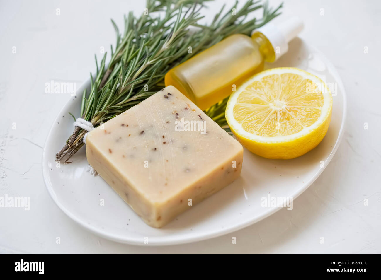 Organic natural spa and skincare ingredients with natural soap, lemon ...