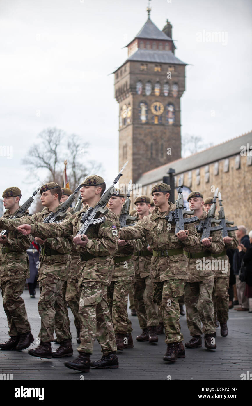 Cardiff, UK. 20th Feb, 2019. The 1st Battalion Welsh Guards homecoming ...