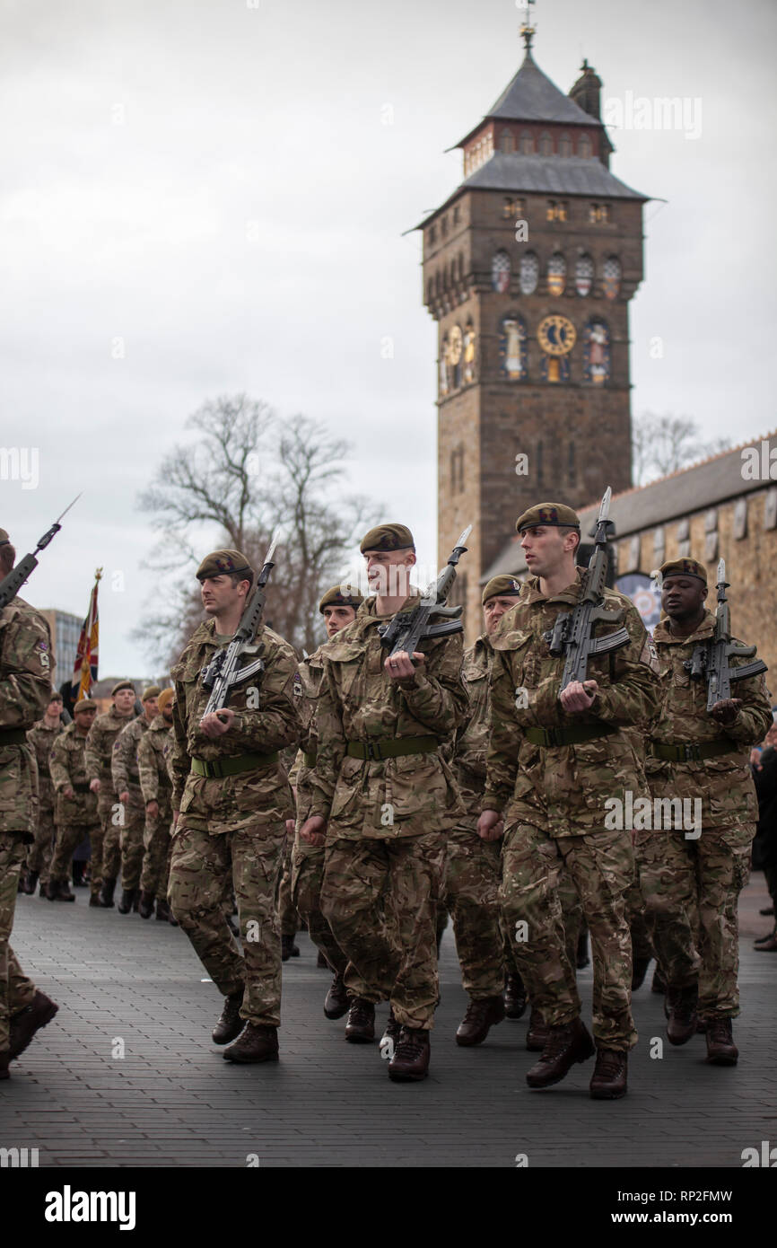 Cardiff, UK. 20th Feb, 2019. The 1st Battalion Welsh Guards homecoming ...