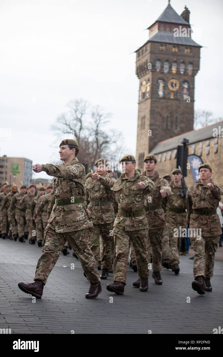Cardiff, UK. 20th Feb, 2019. The 1st Battalion Welsh Guards homecoming ...