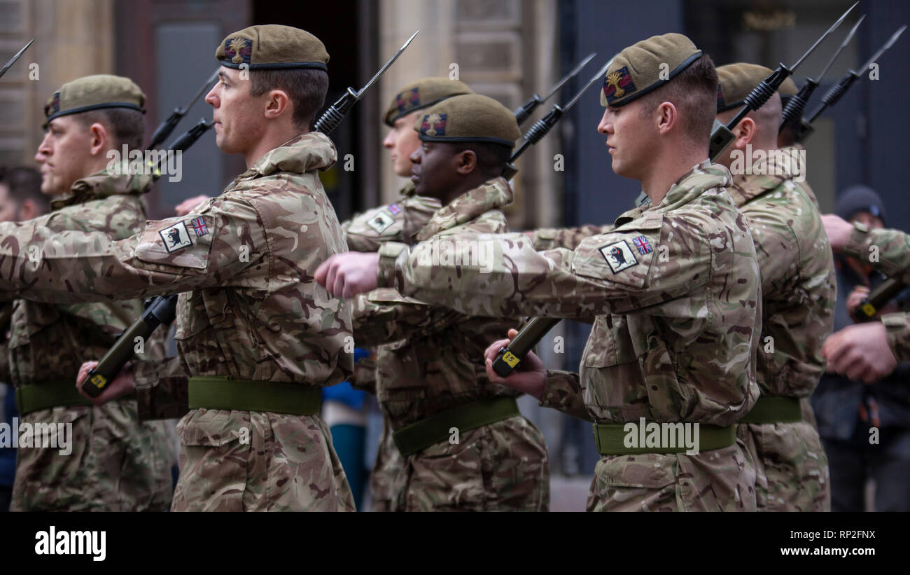 Cardiff, UK. 20th Feb, 2019. The 1st Battalion Welsh Guards homecoming ...