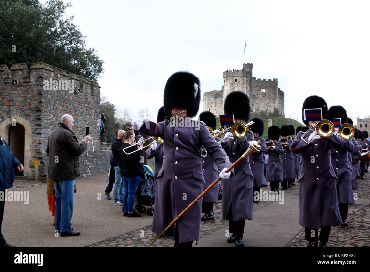 Cardiff, Wales, UK. February 20th 2019. The 1st Battalion Welsh Guard's ...