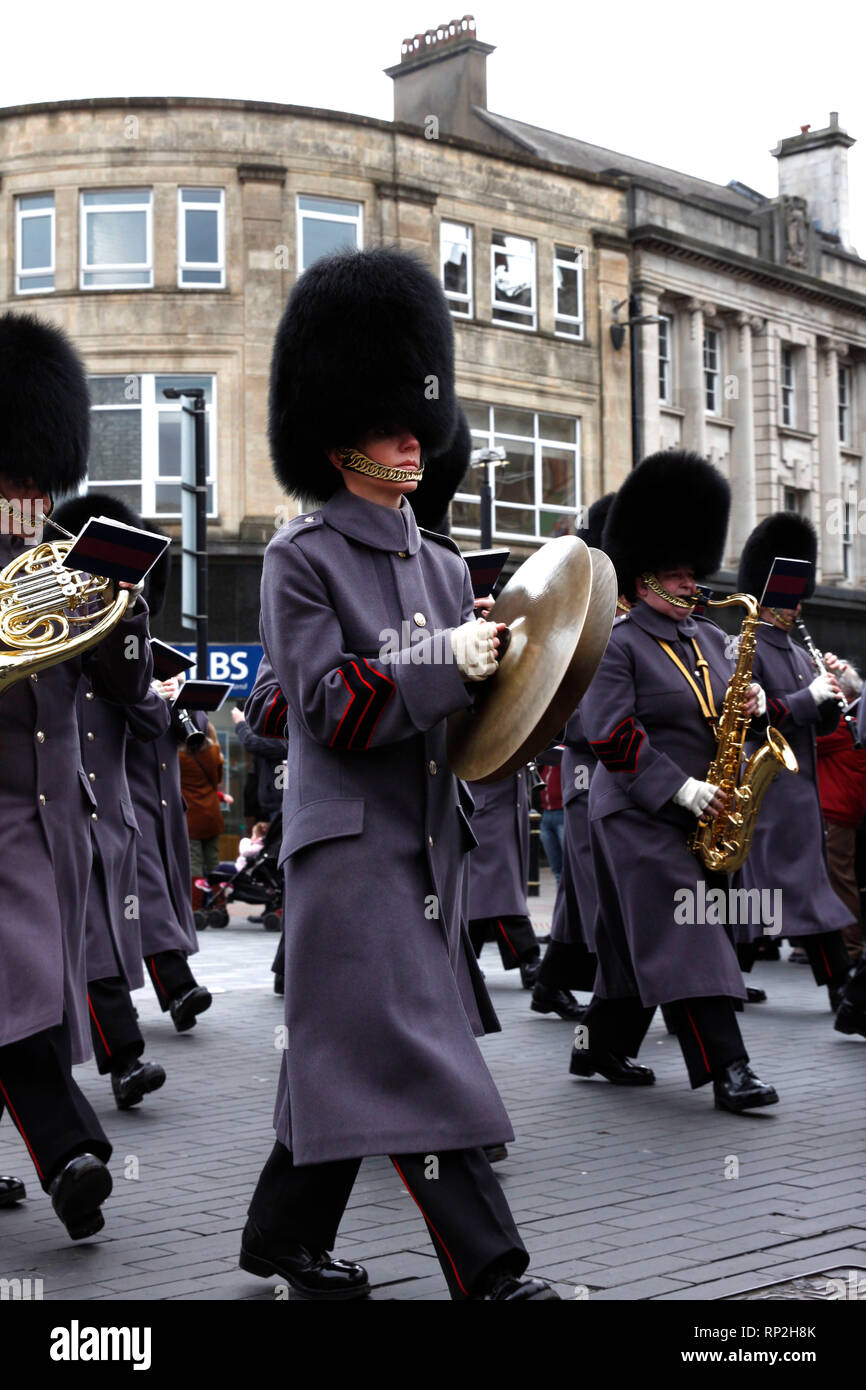 Cardiff, Wales, UK. February 20th 2019. The 1st Battalion Welsh Guard's ...