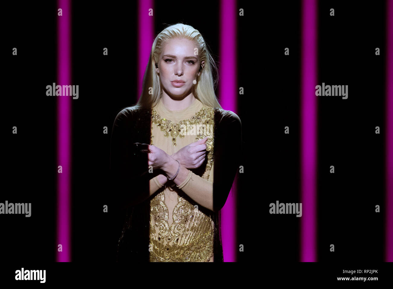 Berlin, Germany. 20th Feb, 2019. Singer Aly Ryan performs at a rehearsal for the German ...