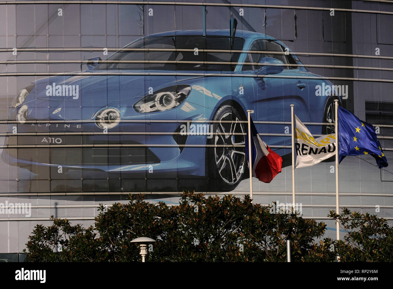 Flags of France, Renault SA and European Union flutter outside Renault ...