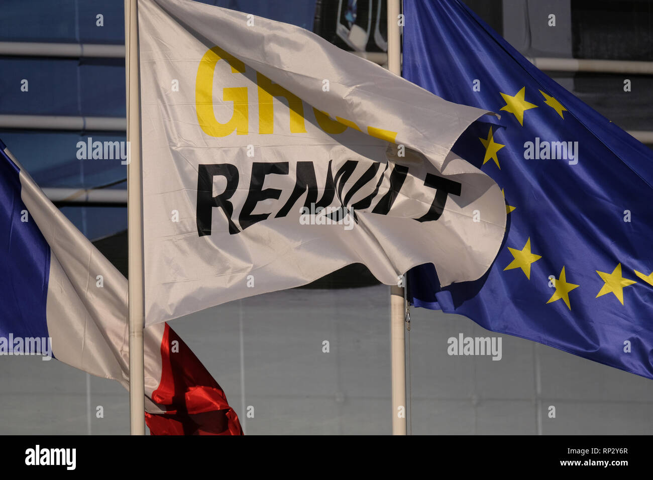 Flags of France, Renault SA and European Union flutter outside Renault ...