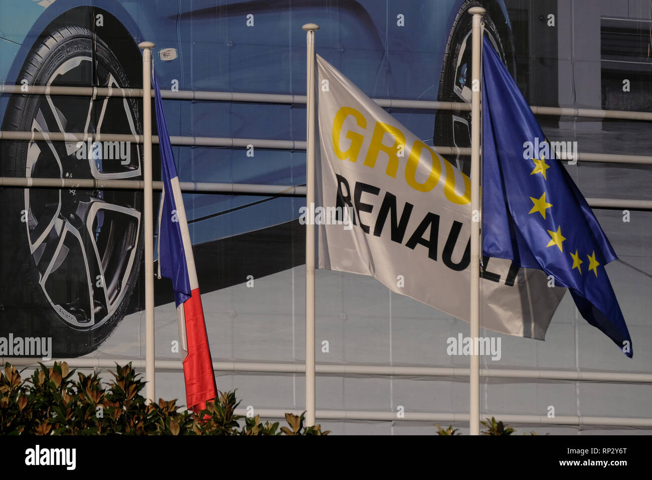 Flags of France, Renault SA and European Union flutter outside Renault ...