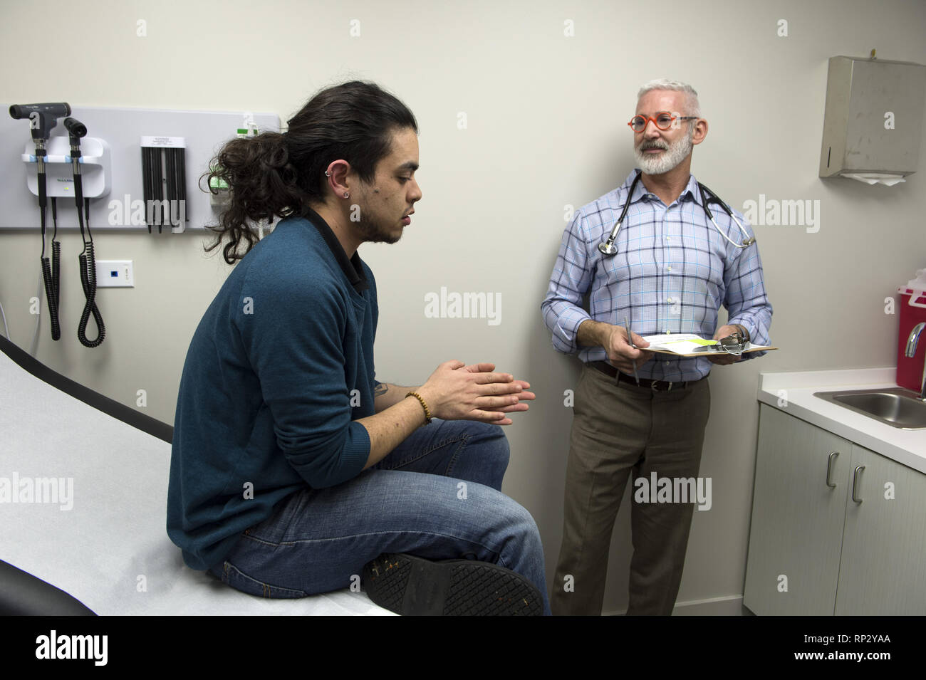 Atlanta, GA, USA. 19th Feb, 2019. TK Hadman, 30, is examined by Dr ...