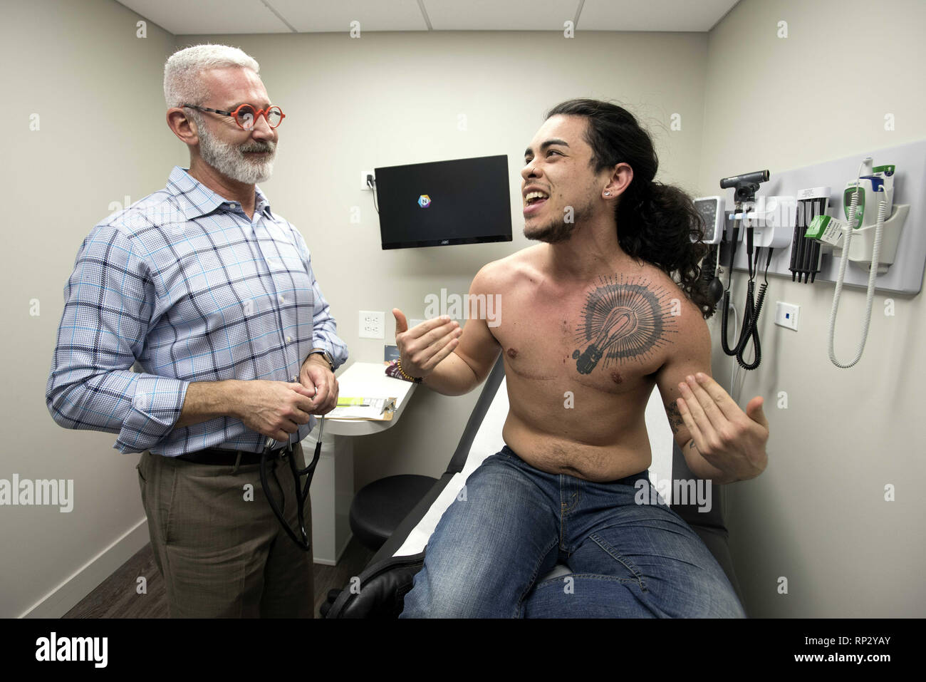 Atlanta, GA, USA. 19th Feb, 2019. TK Hadman, 30, is examined by Dr ...