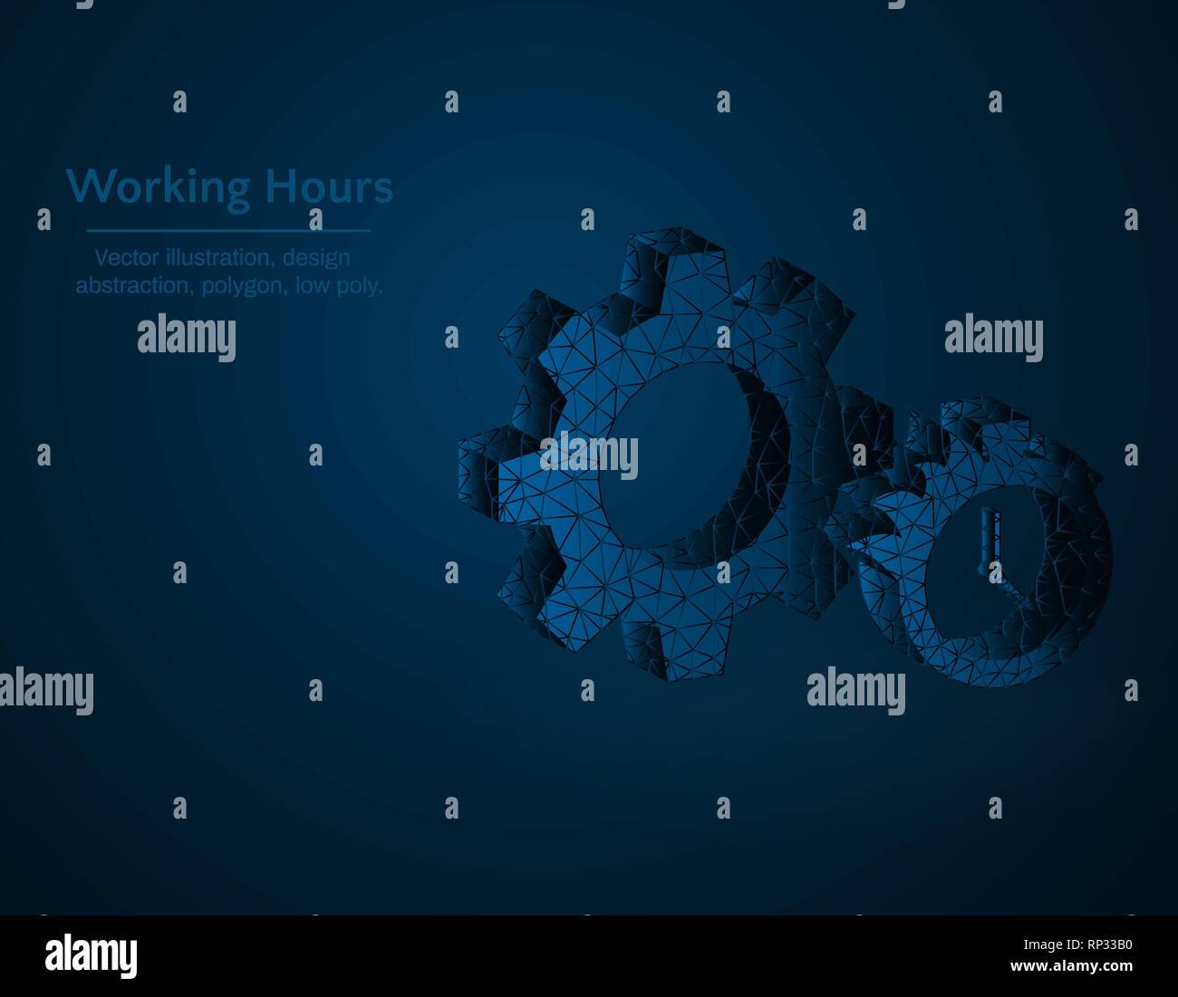 Working hours symbol low poly vector illustration, gear and stopwatch ...