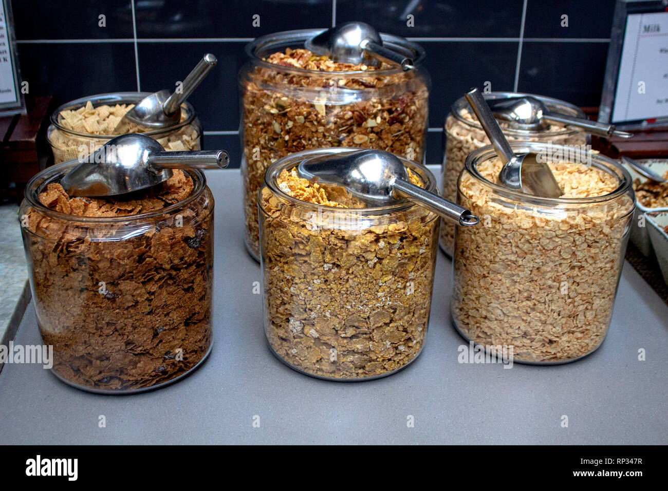 Cereal Selections at a hotel breakfast buffet Stock Photo - Alamy