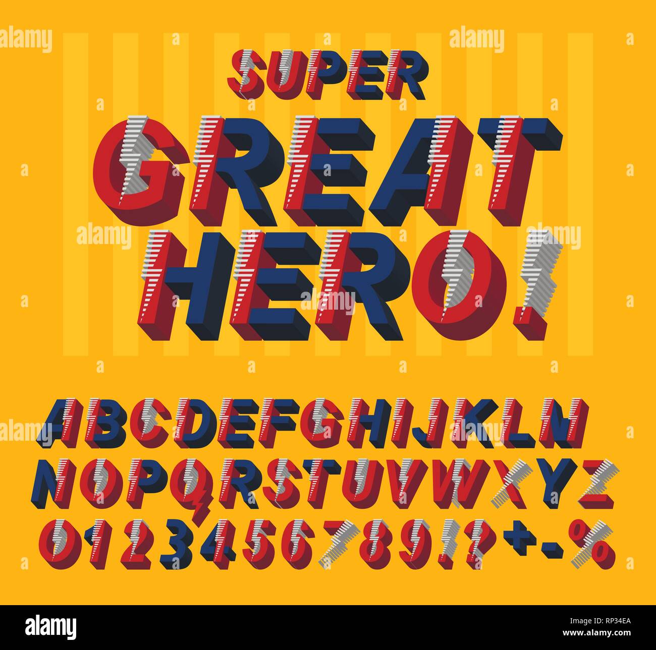 Great hero font. 3D alphabet letters and numbers in a comics style ...