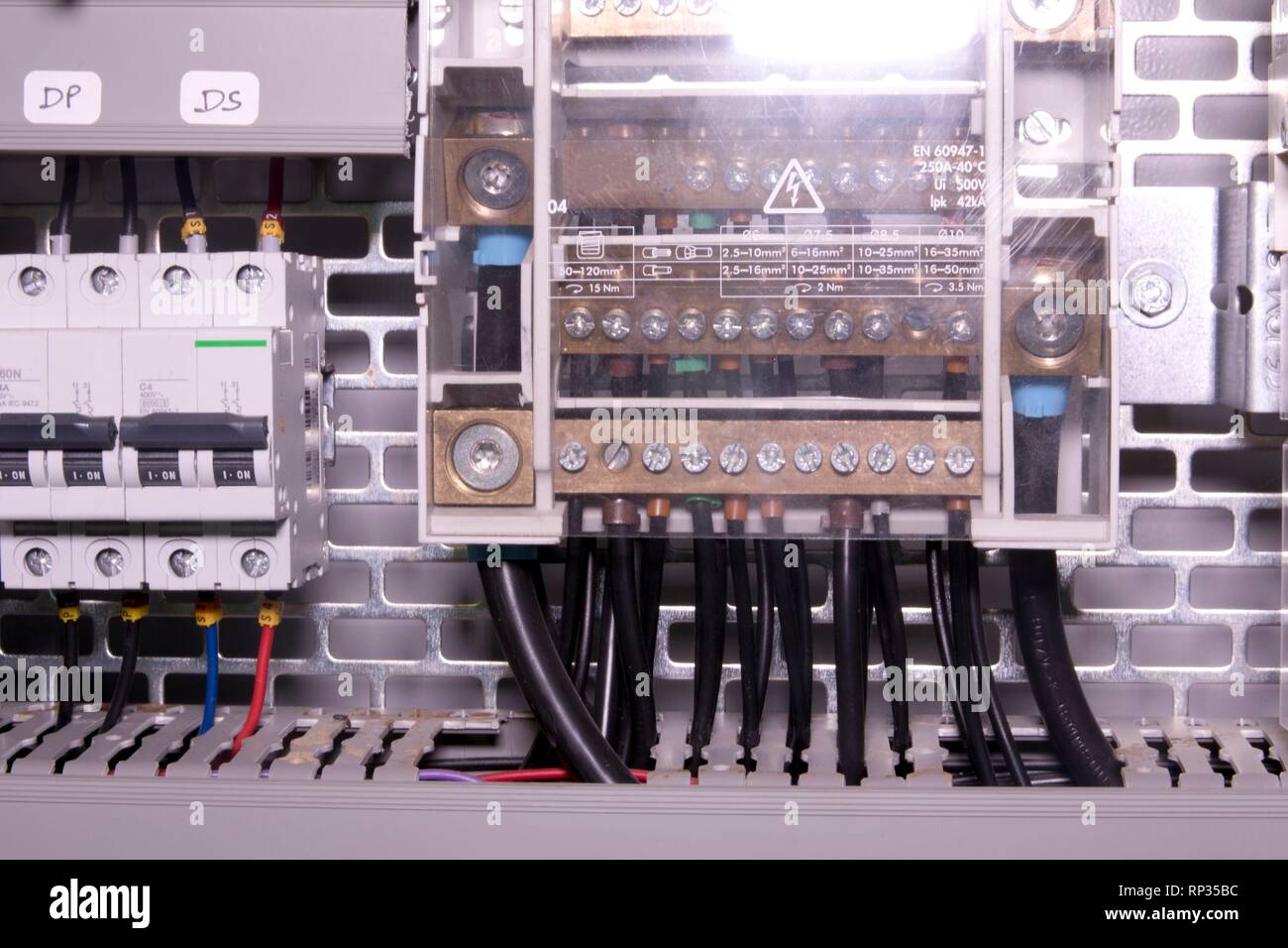 Image shows control cubicle. Circuit breakers and electric device ...