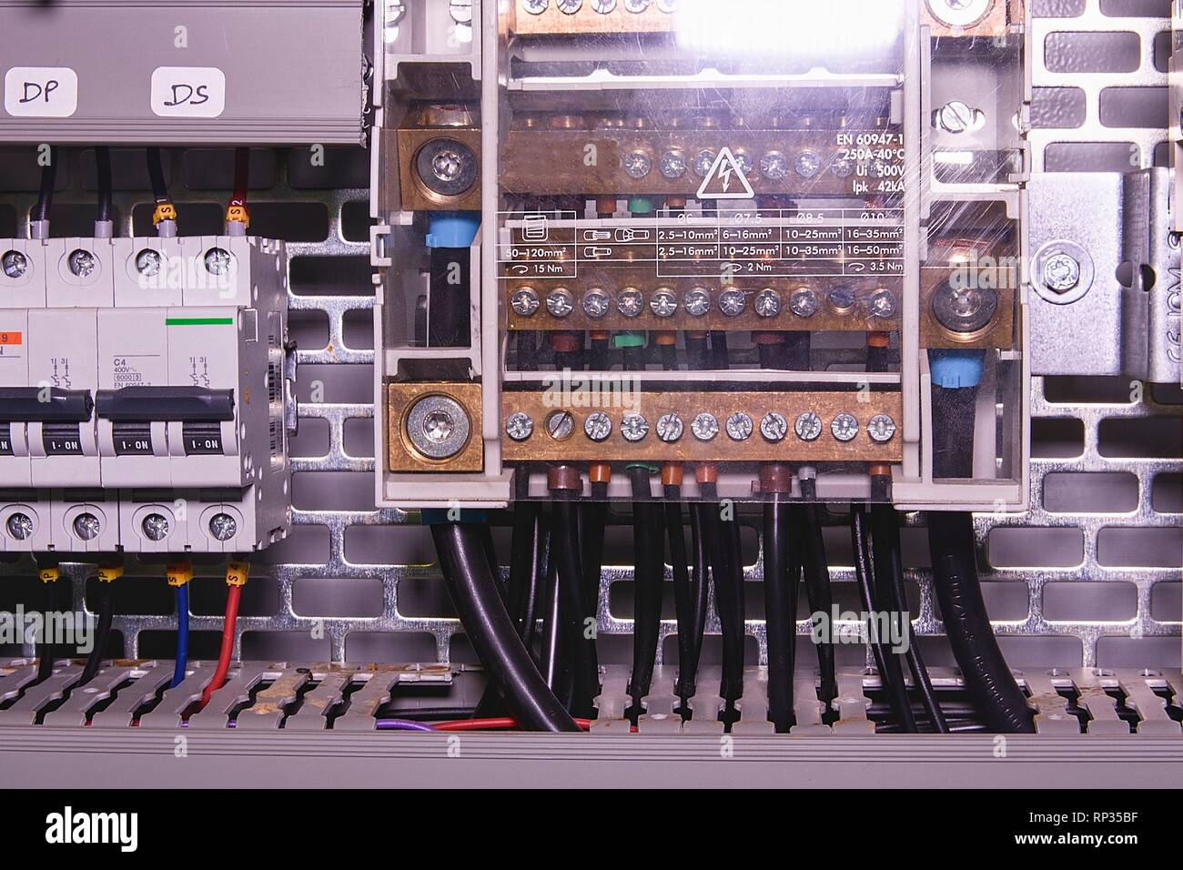 Image shows control cubicle. Circuit breakers and electric device ...