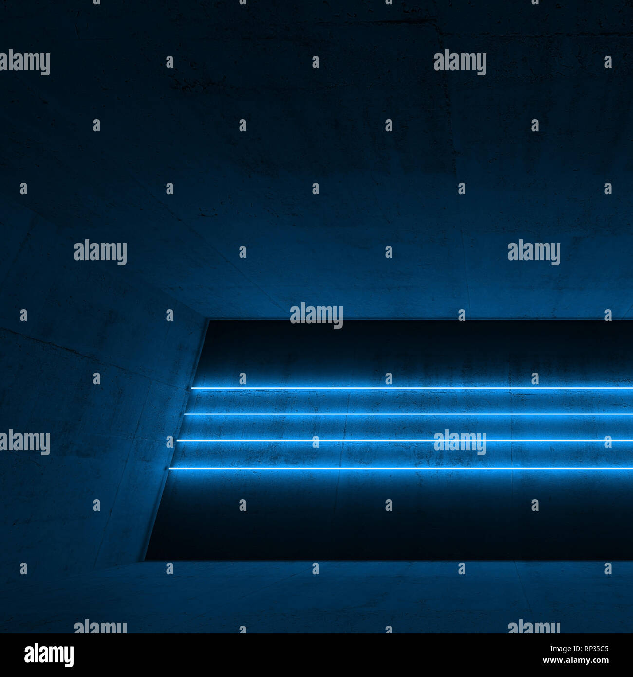 Abstract empty dark concrete interior with four cyan neon light lines ...