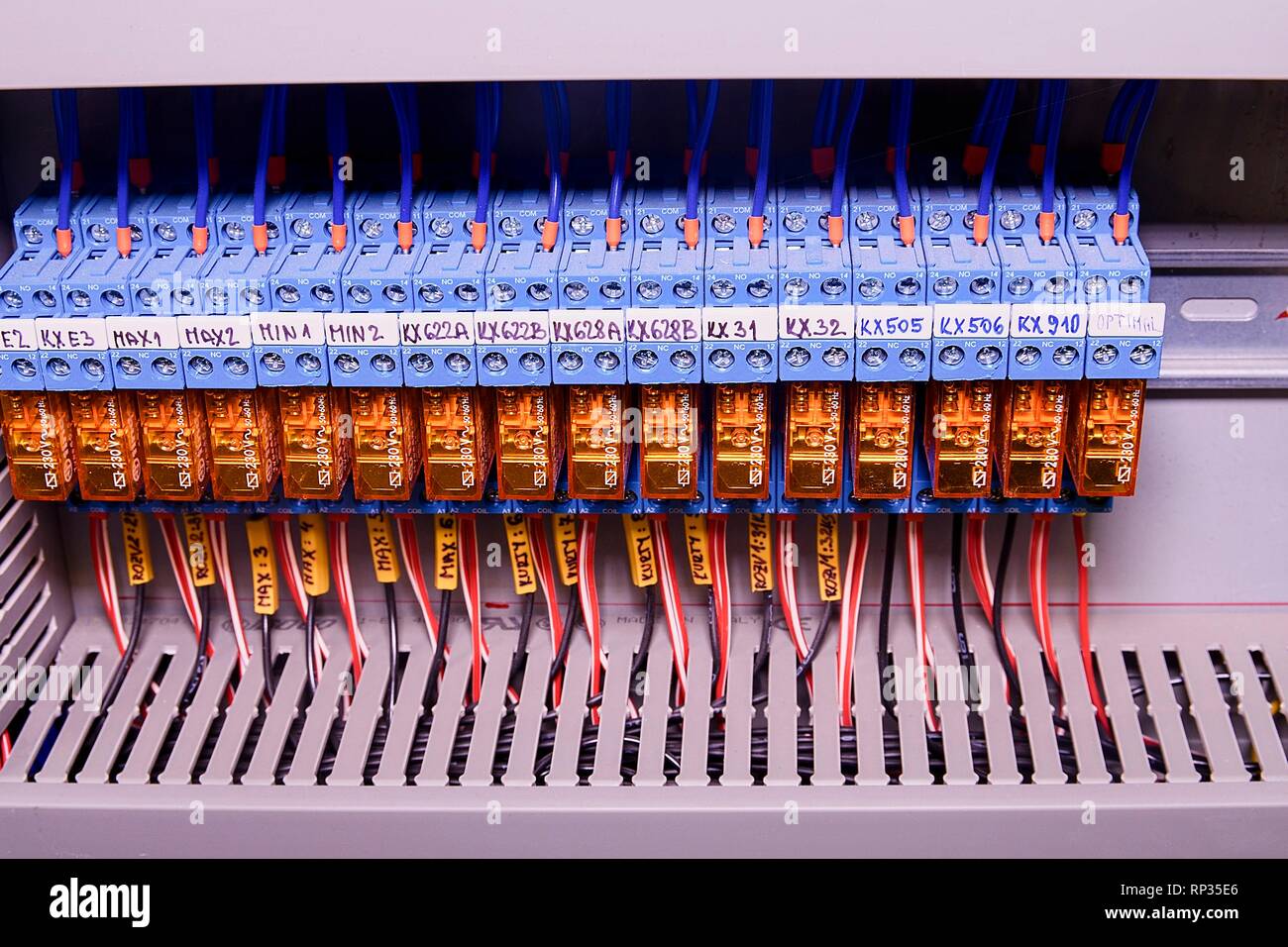 Relay actuators inside the industrial power case. Close up Stock Photo ...