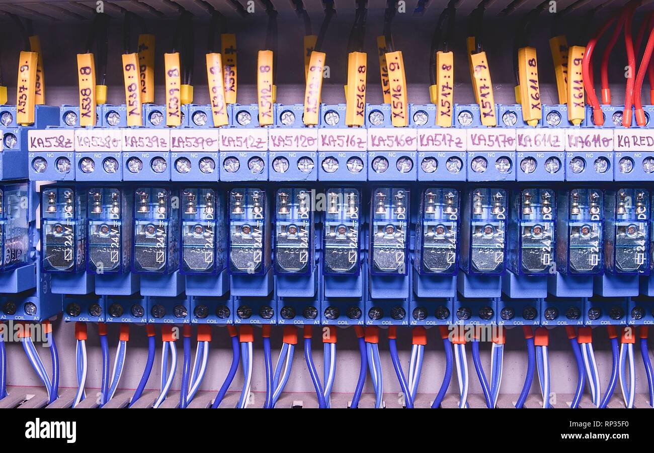 Relay actuators inside the industrial power case. Close up Stock Photo ...