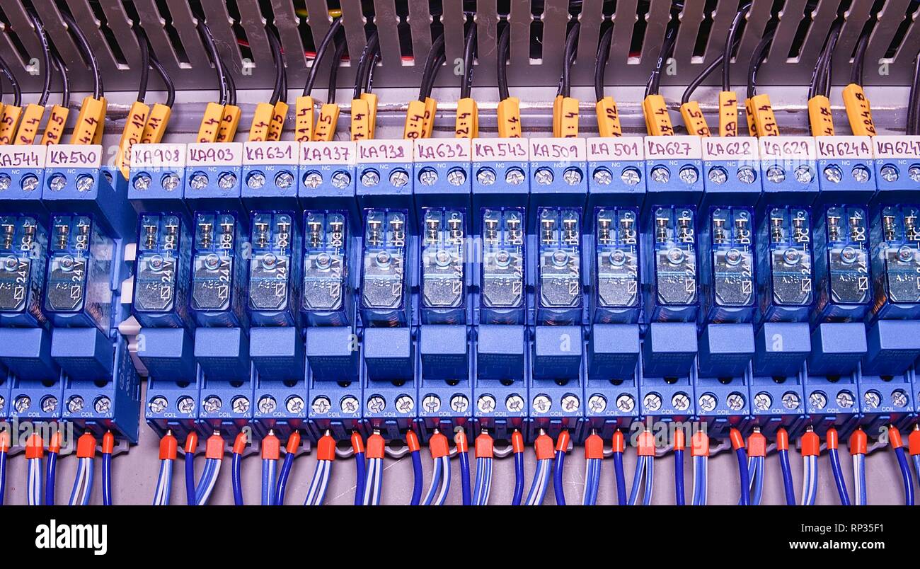 Relay actuators inside the industrial power case. Close up Stock Photo ...