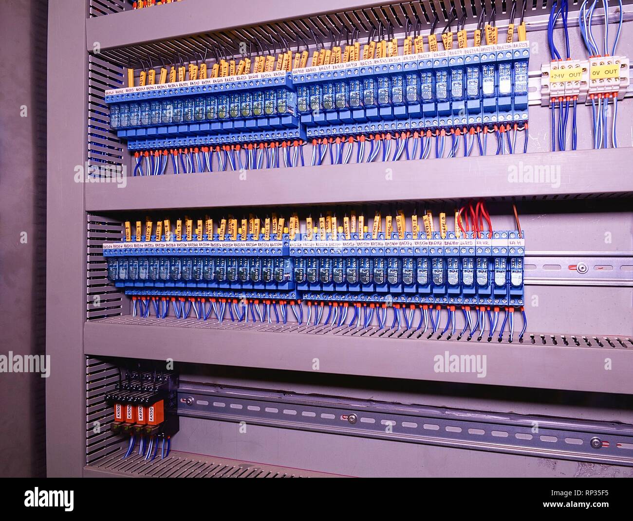 Relay actuators and terminal blocks inside the industrial power case ...