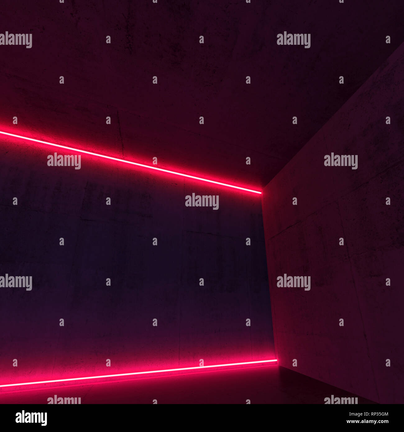 Abstract empty dark concrete interior with red neon light lines, square ...