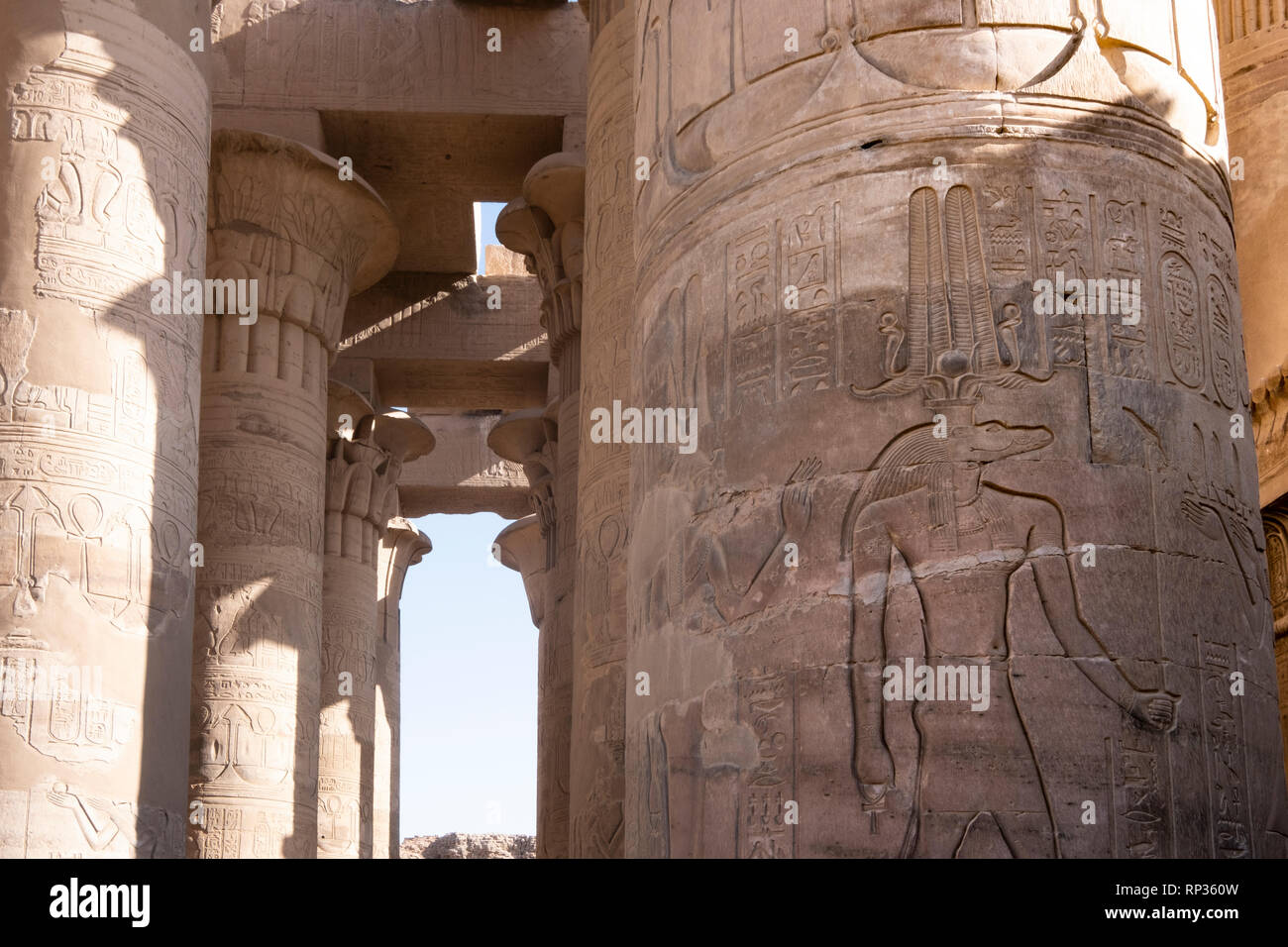 Crocodile headed god Sobek carved in stone at Kom Ombo temple Stock ...