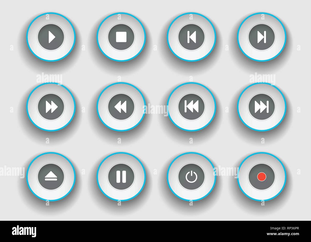 player buttons set in paper cut style. Symbols for play, stop, pause and moving clip forward and ...