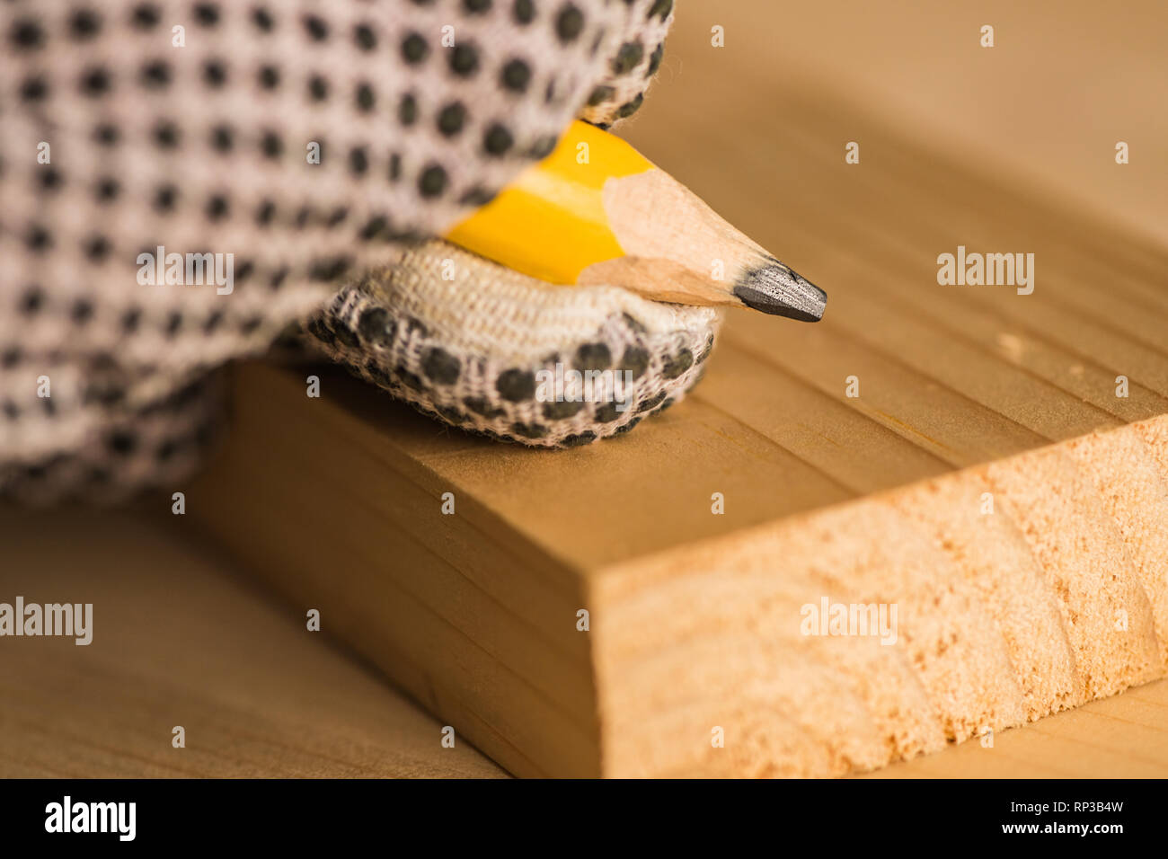 Carpenter marking pine wood plank for cutting in woodwork workshop ...