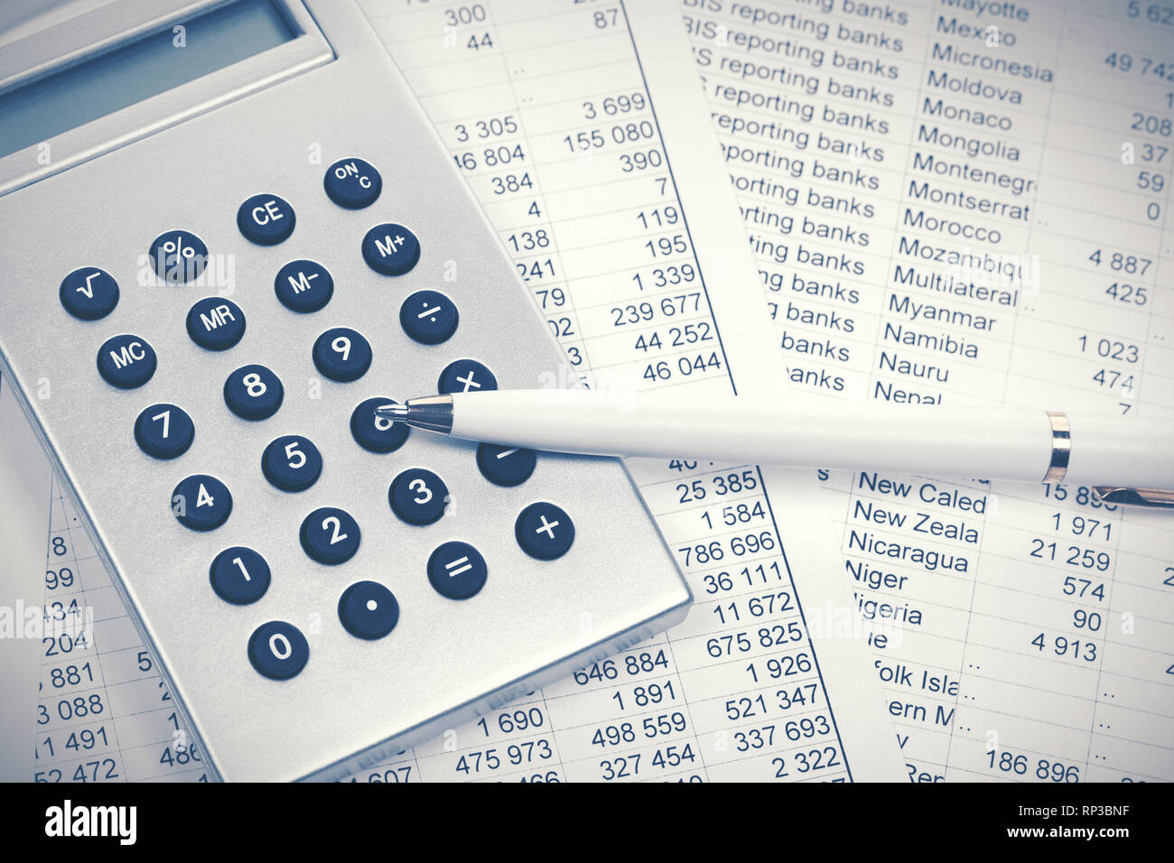 Financial accounting Pen and calculator on balance sheets Stock Photo ...