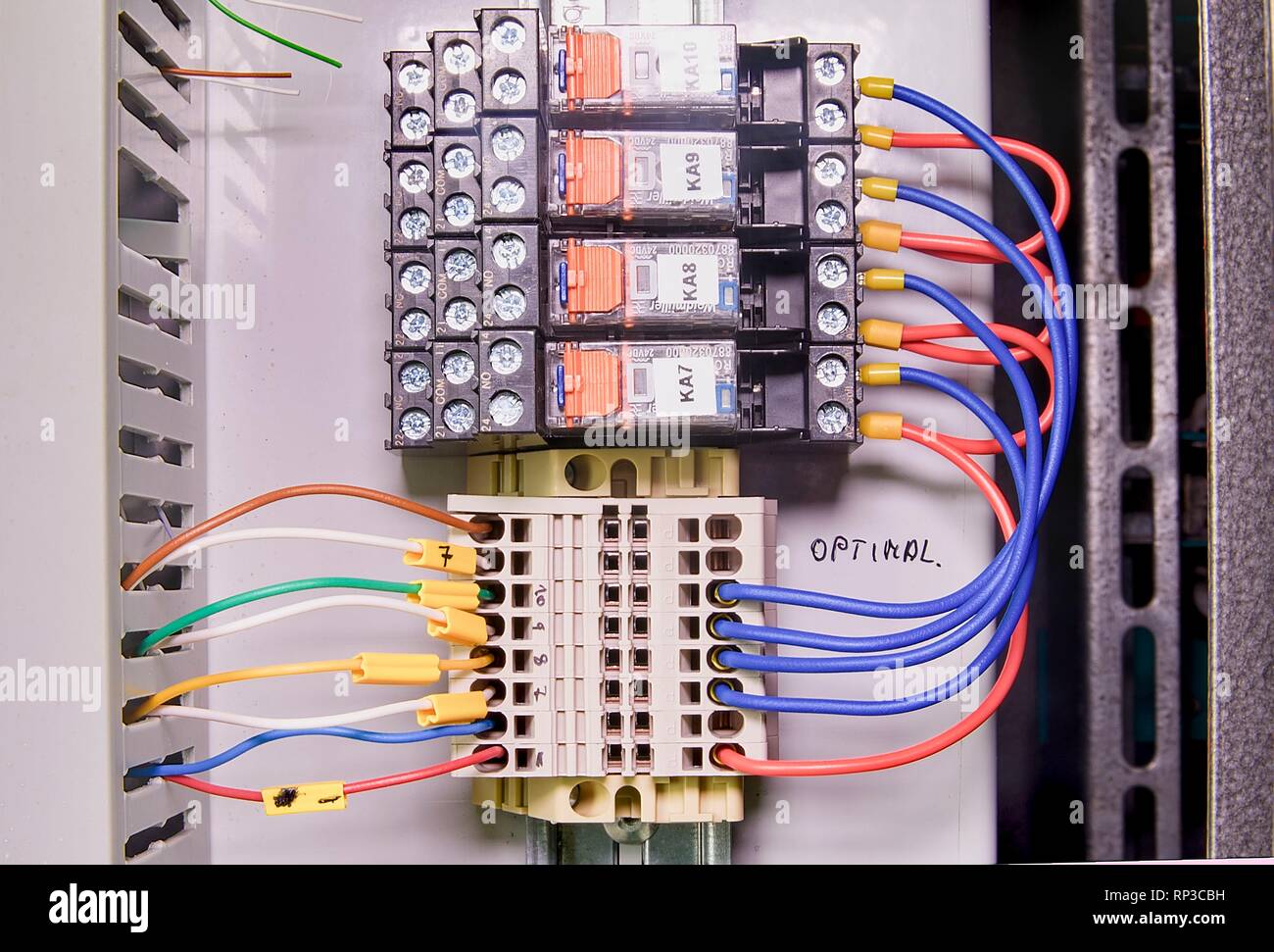 Close up wiring connectors, multi color wire cables with caption fields ...