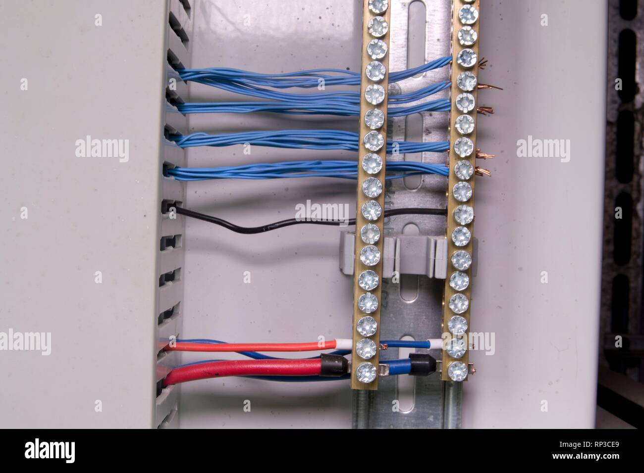 Terminal block. Closeup. Multi colored wires. Inside electric ...