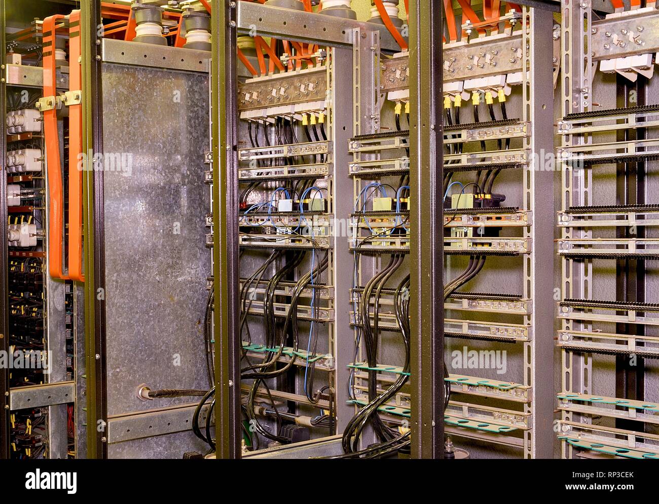 Back of distribution case with cables. Closeup Stock Photo - Alamy