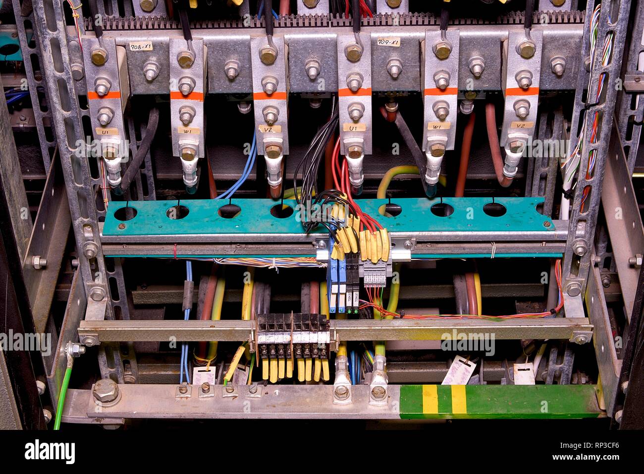 Closeup old distribution case in plant. Electric system in cabinet ...