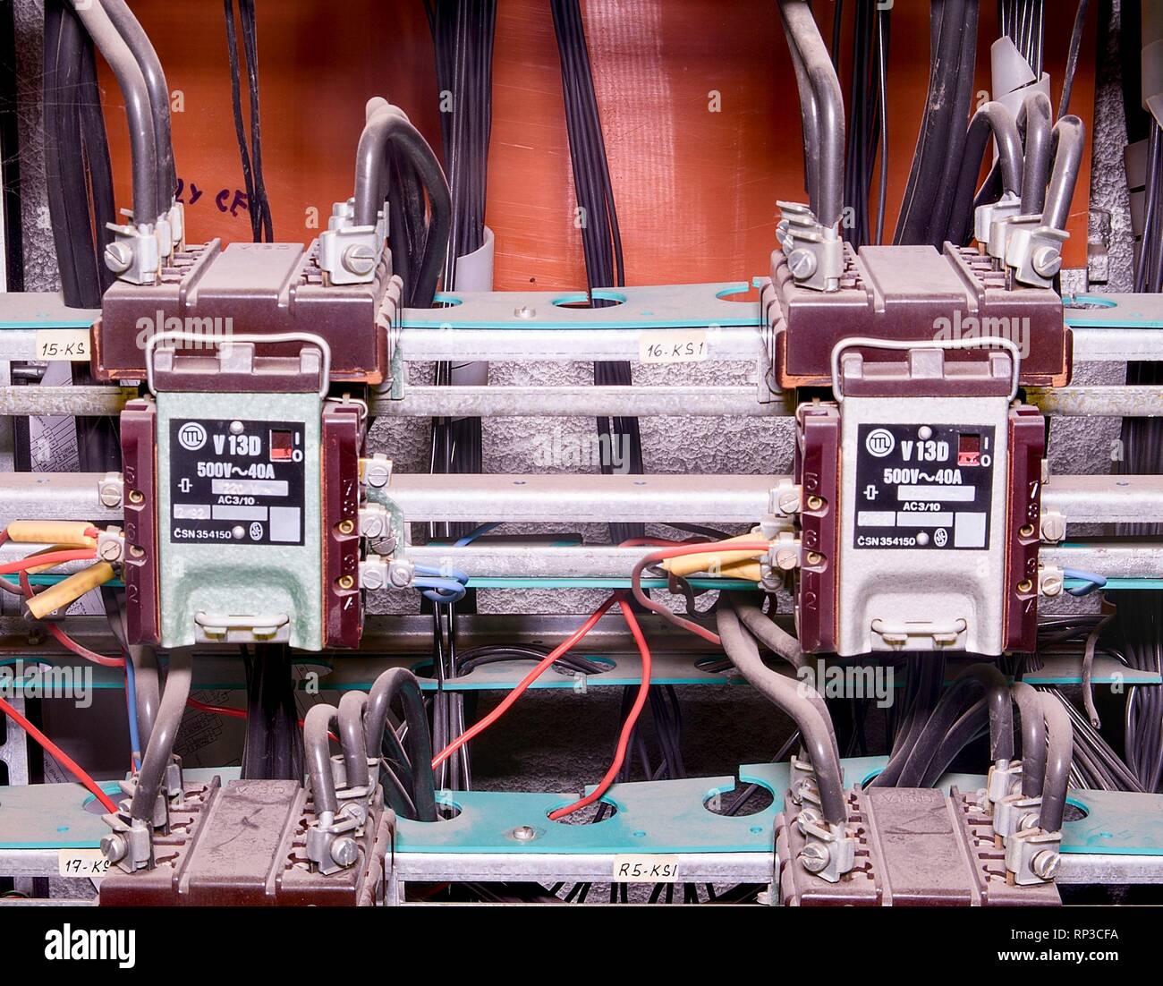 Closeup old electric distribution case in factory. Insideelectric ...