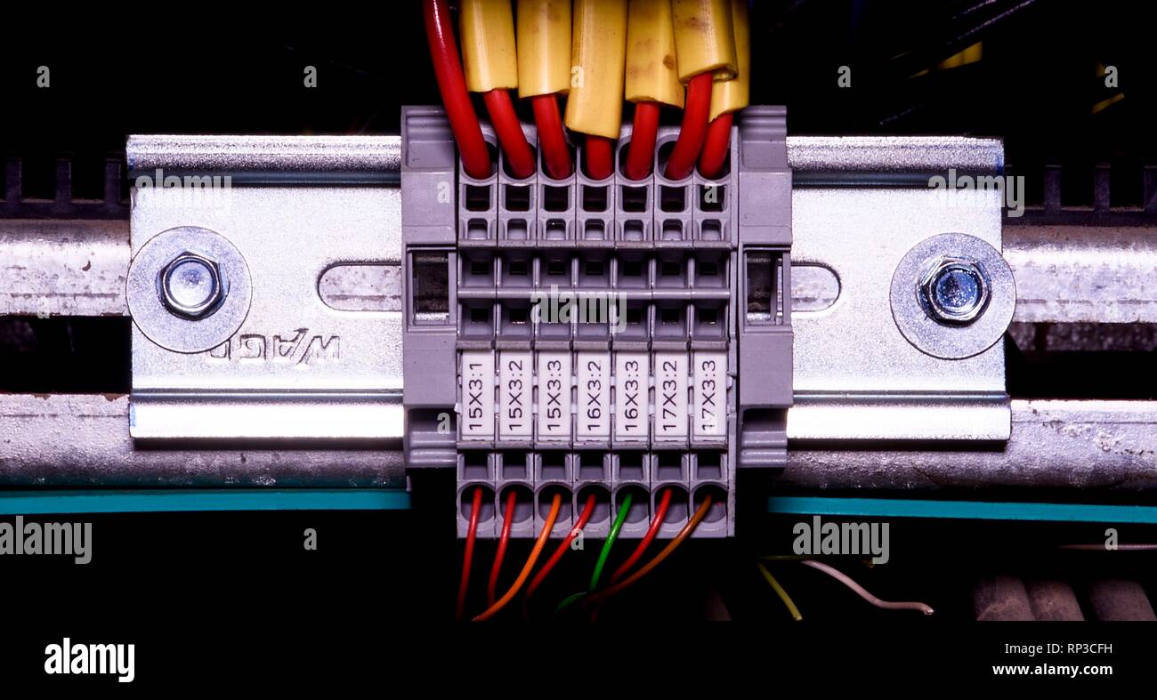Modern terminal blocks with multi colored wires Stock Photo - Alamy