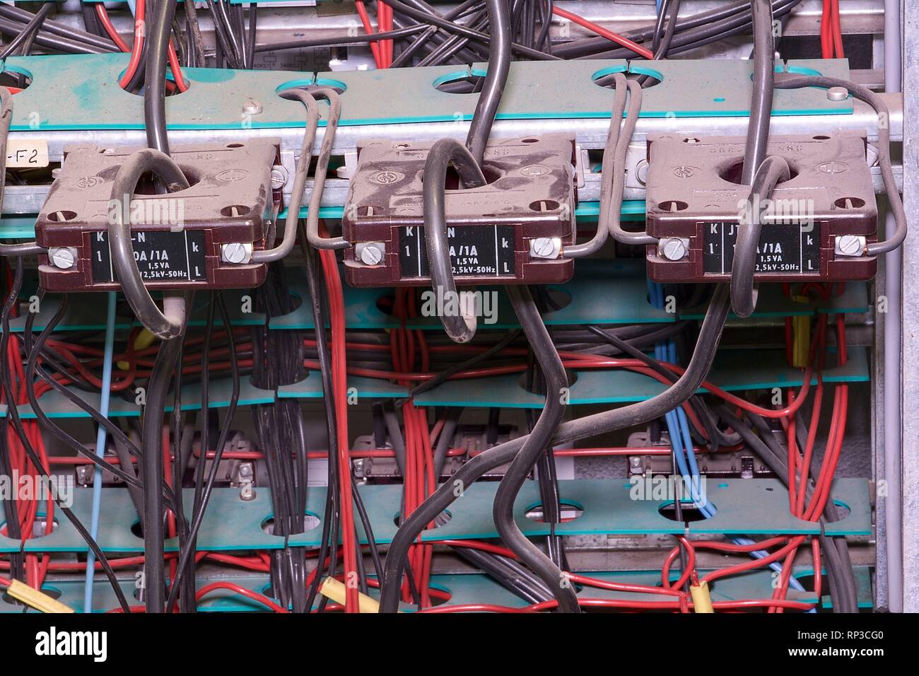 Old electric devices in electric distribution case. Closeup Stock Photo ...