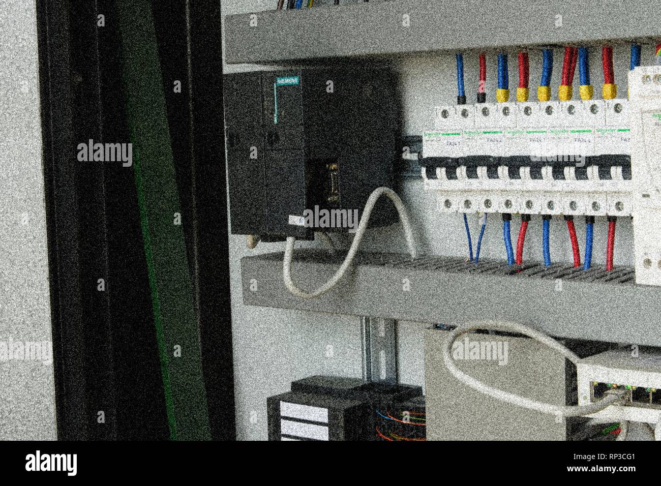 Electrical circuit breakers in an electrical switchboard. Add film ...