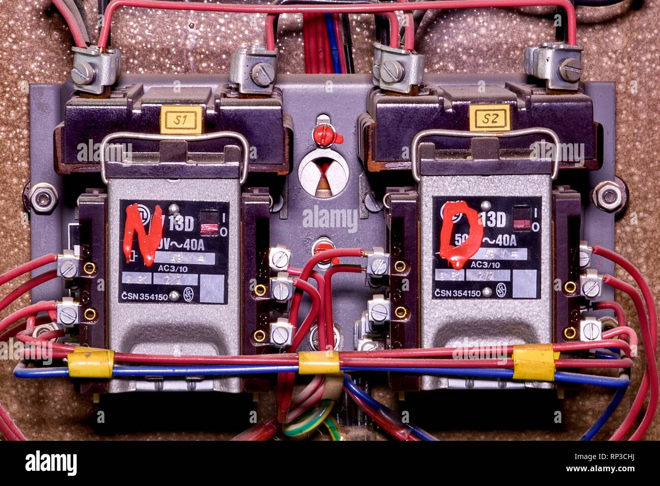 Old electric devices in electric distribution case. Closeup Stock Photo ...