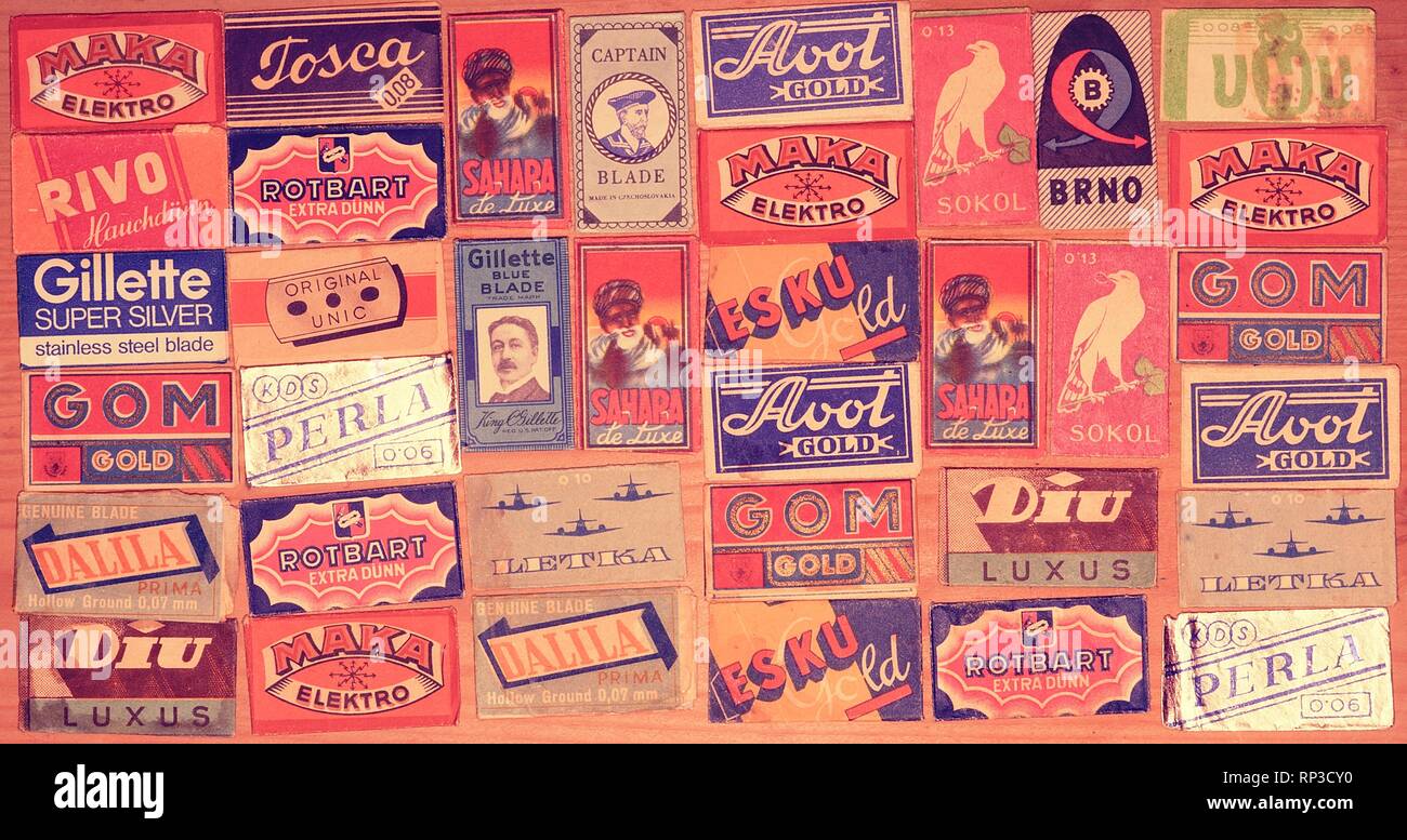 Vintage covers of razor blade. Background. Close-up Stock Photo - Alamy