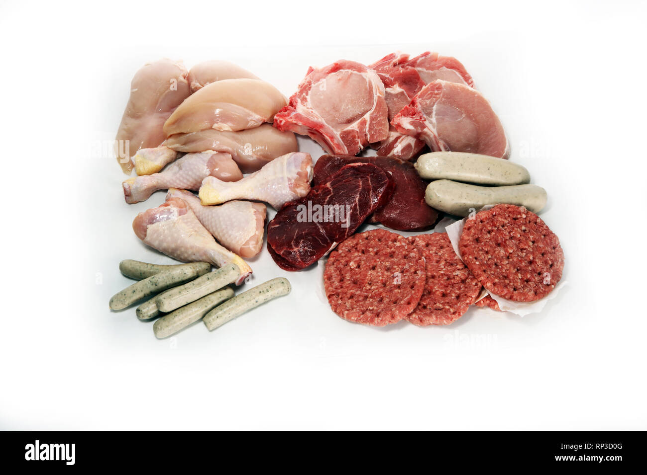 raw meat. Different types of raw pork meat, chicken and beef and ...
