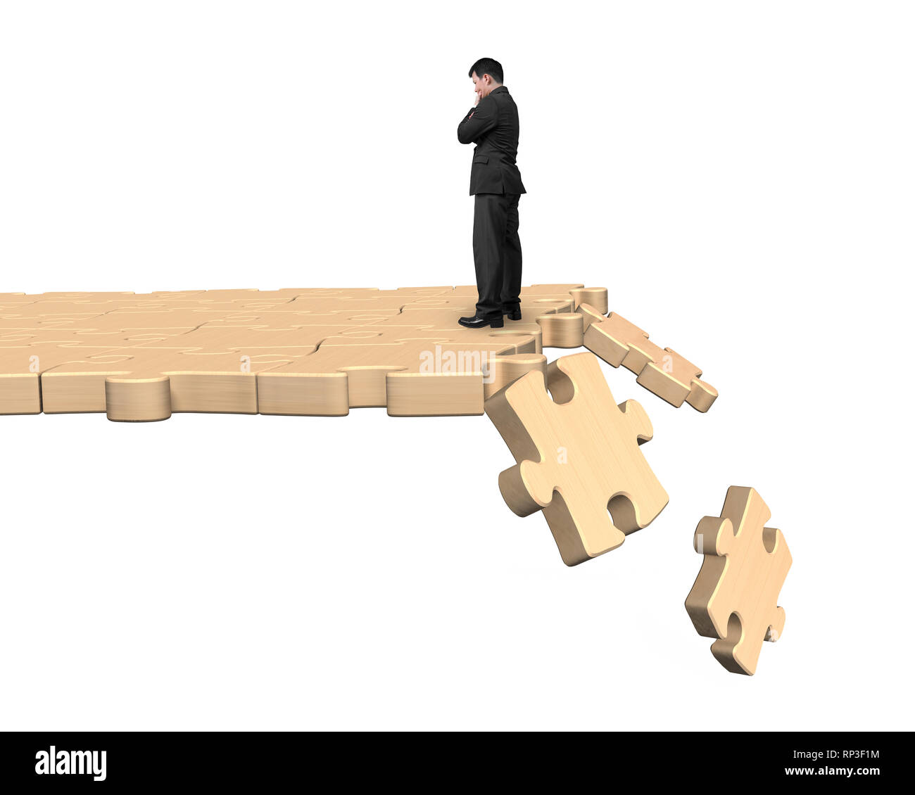 Thinking man standing on wooden puzzle path with some pieces falling ...
