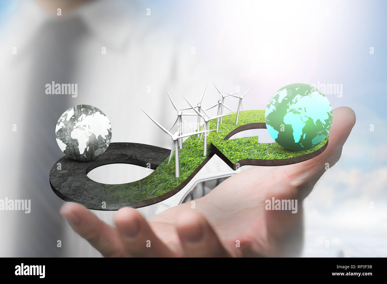 Green circular economy concept. Hand showing arrow infinity symbol of ...