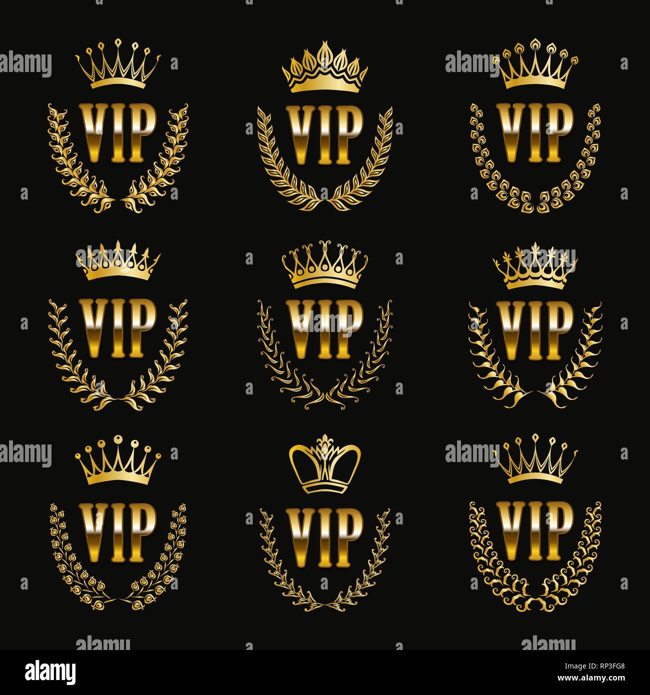 Set of gold vip monograms for graphic design on black background Stock ...