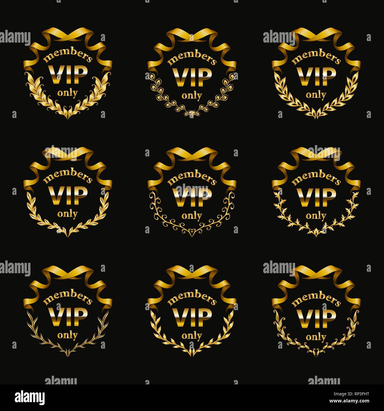 Set of gold vip monograms for graphic design on black background Stock ...