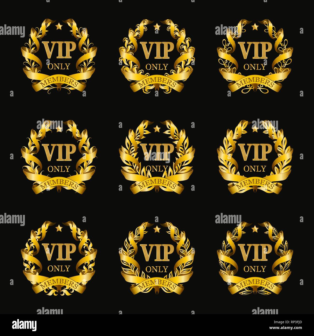 Set of gold vip monograms for graphic design on black background Stock ...