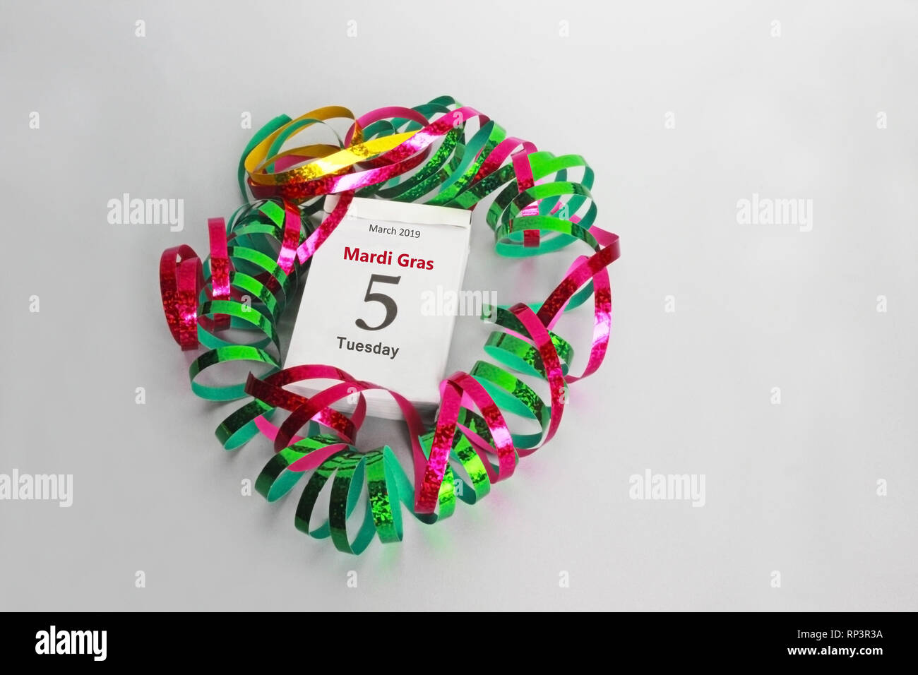 Mardi Gras 2019 calendar page decorated with colorful streamers Stock ...