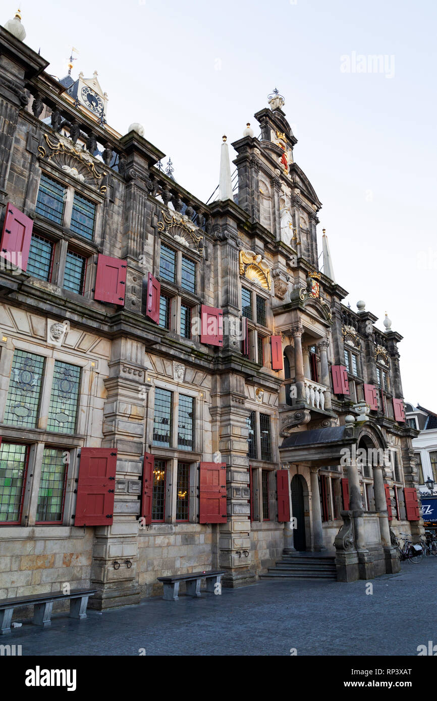 The facade of the Stadhuis (town hall) in Delft, the Netherlands. The ...
