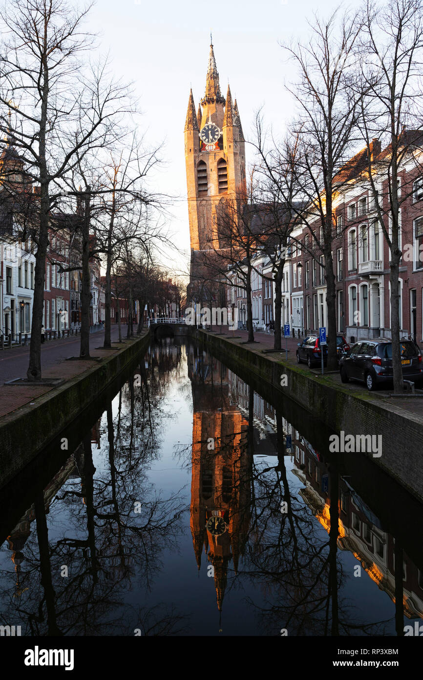 The leaning tower of the Oude Kerk church, also known as Oude Jan or ...